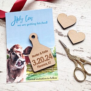 Cow Ear Tag Save the Date Magnet, Farm Wedding Invite, Wooden Save the ...