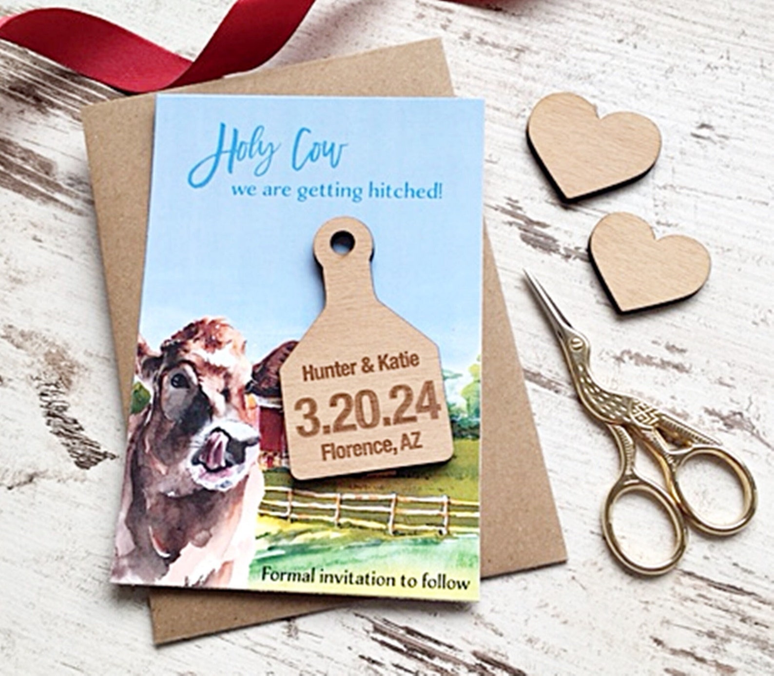 Cow Ear Tag Save the Date Magnet, Farm Wedding Invite, Wooden Save the ...