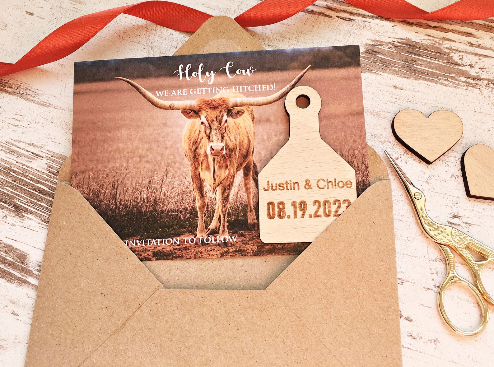 Wooden Cow Ear Tag Magnet With Texas Longhorn Cow Save the Date Card ...
