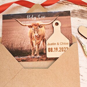 Wooden Cow Ear Tag Magnet With Texas Longhorn Cow Save the Date Card ...