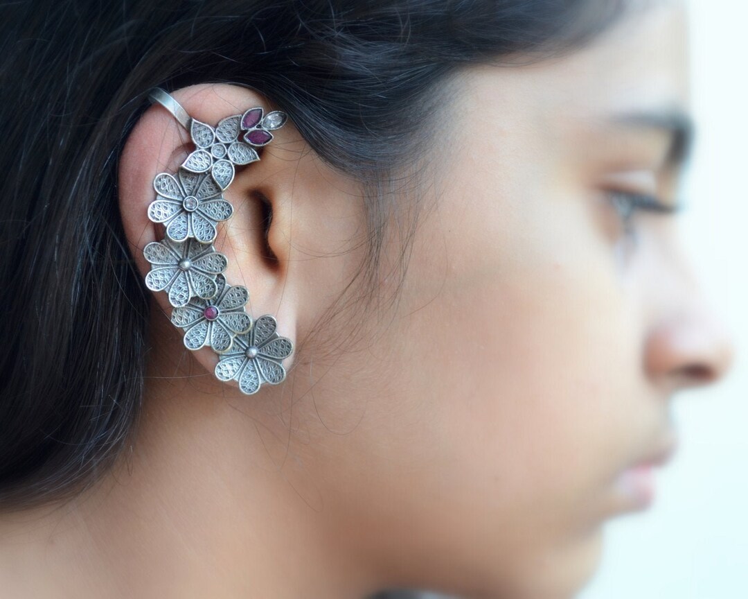 Silver Flower Ear Cuffs, Climber Earrings, Oxidized Ear Wrap, Crawler ...