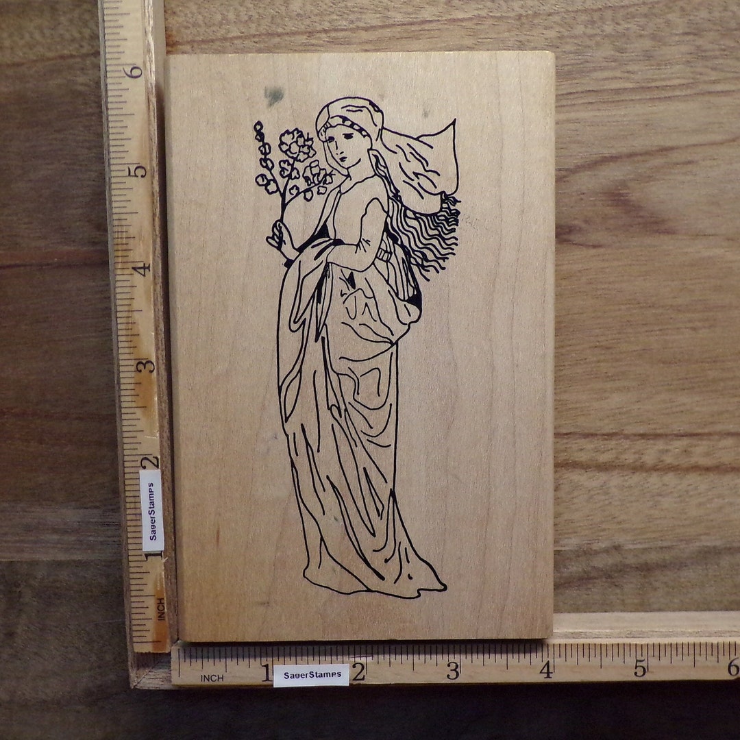 Rubber Stamp - Woman Holding Flowers by Paper Parachute - Woman Image ...