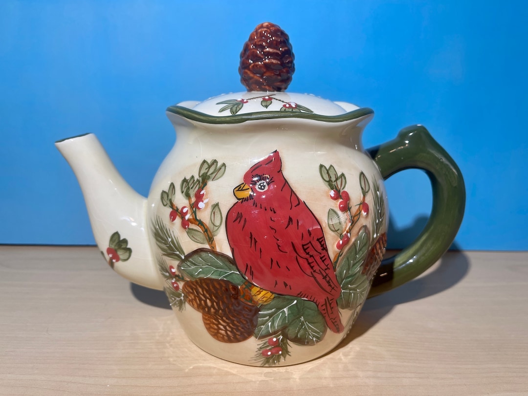 Vintage Ceramic Red Robin and Pine Cone Teapot. 7 Cup Volume - Etsy