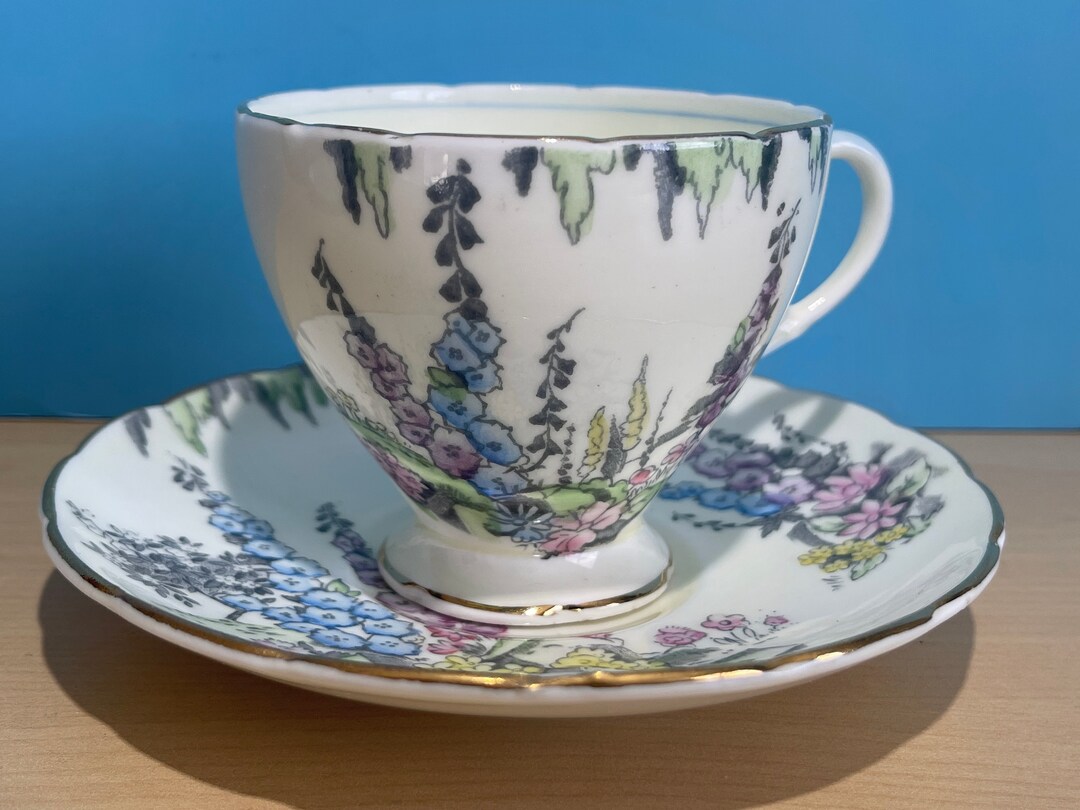 Vintage E.B. Foley Hand Painted Hollyhocks Teacup and Saucer - Etsy