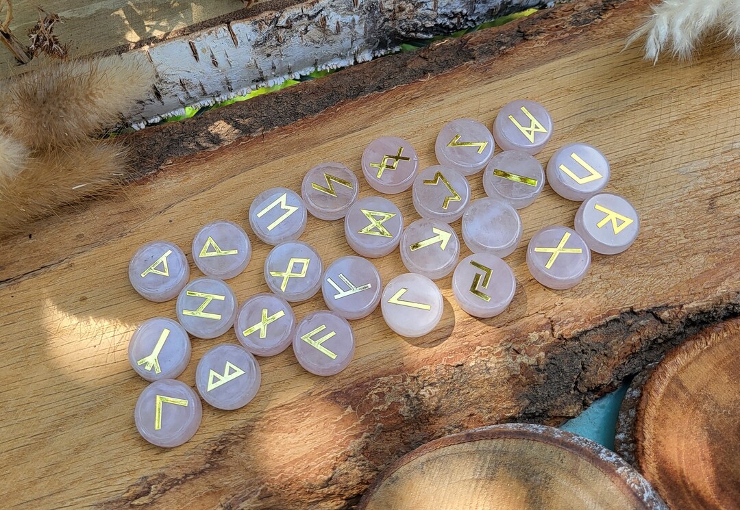 Rune Stones Set Rose Quartz Round Gold Rune Stones Oracle - Etsy