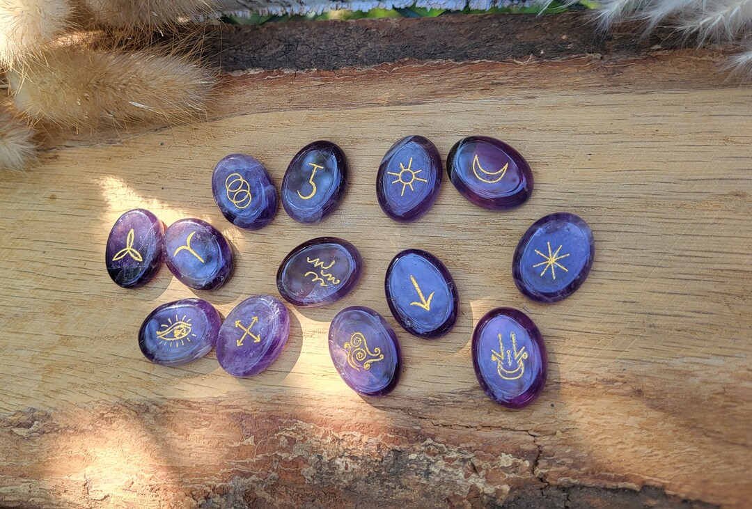 Witch Rune Stones Set Amethyst Gold Rune Stones Oracle Stones Witch ...