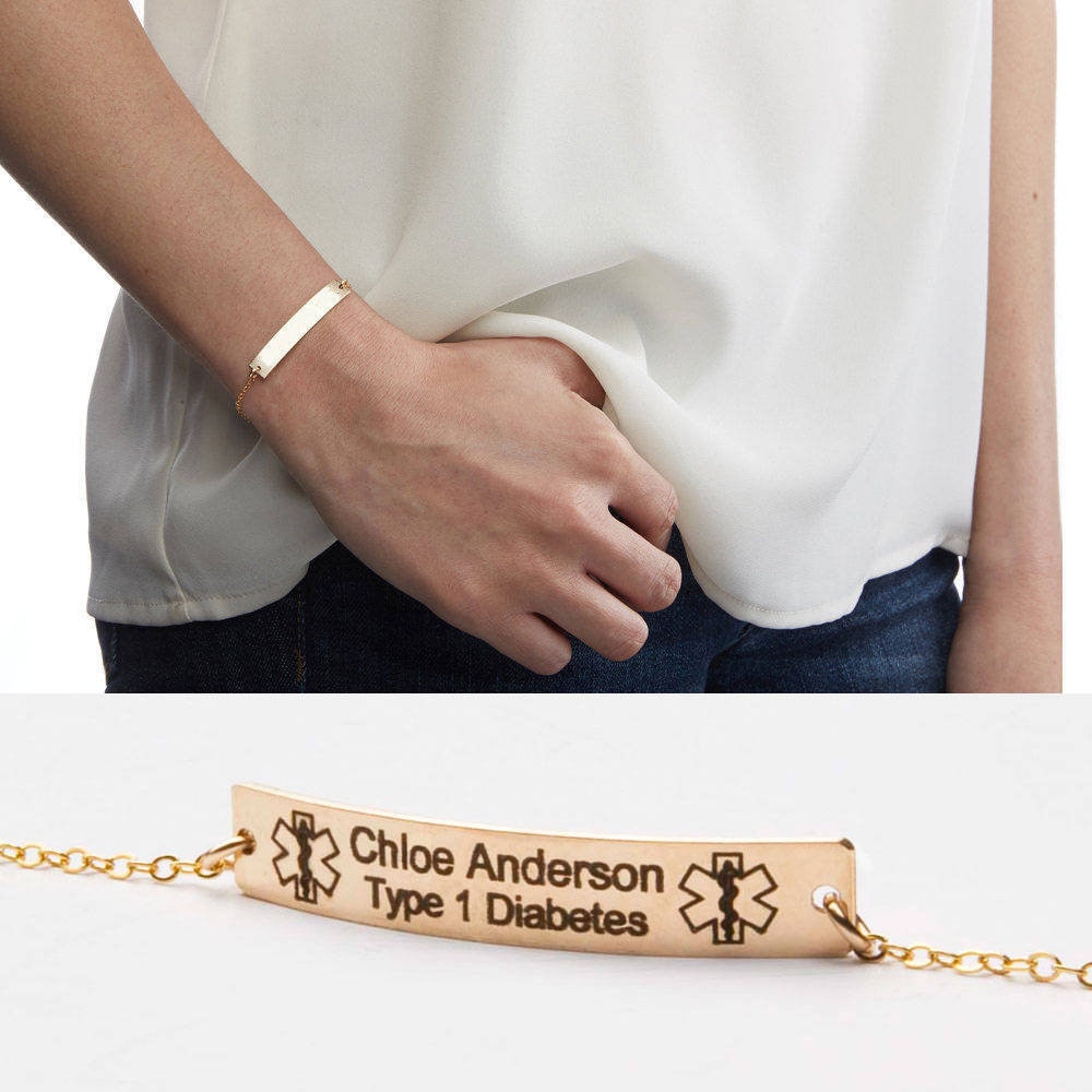 Medical Alert Bracelet custom Medical Id personalized Gold Bar Engraved 14k Gold Filled rose sterling Silver cg289n 1.5x0.25 Etsy