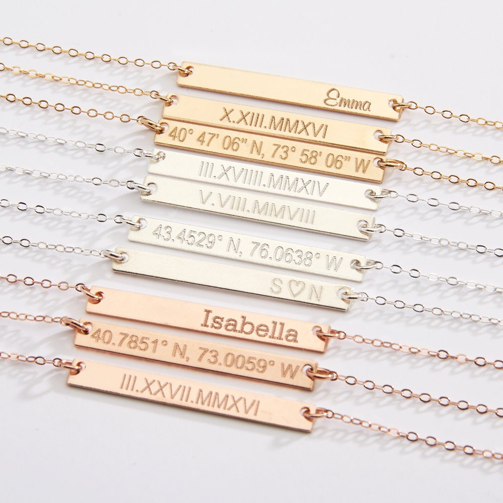 Custom Name Jewelry-custom Coordinates Necklace-dates-rose Gold Bar ...