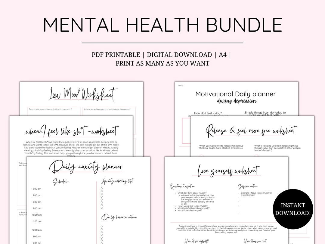 Mental Health Printable Bundle Anxiety Planner Low Mood Love Yourself ...