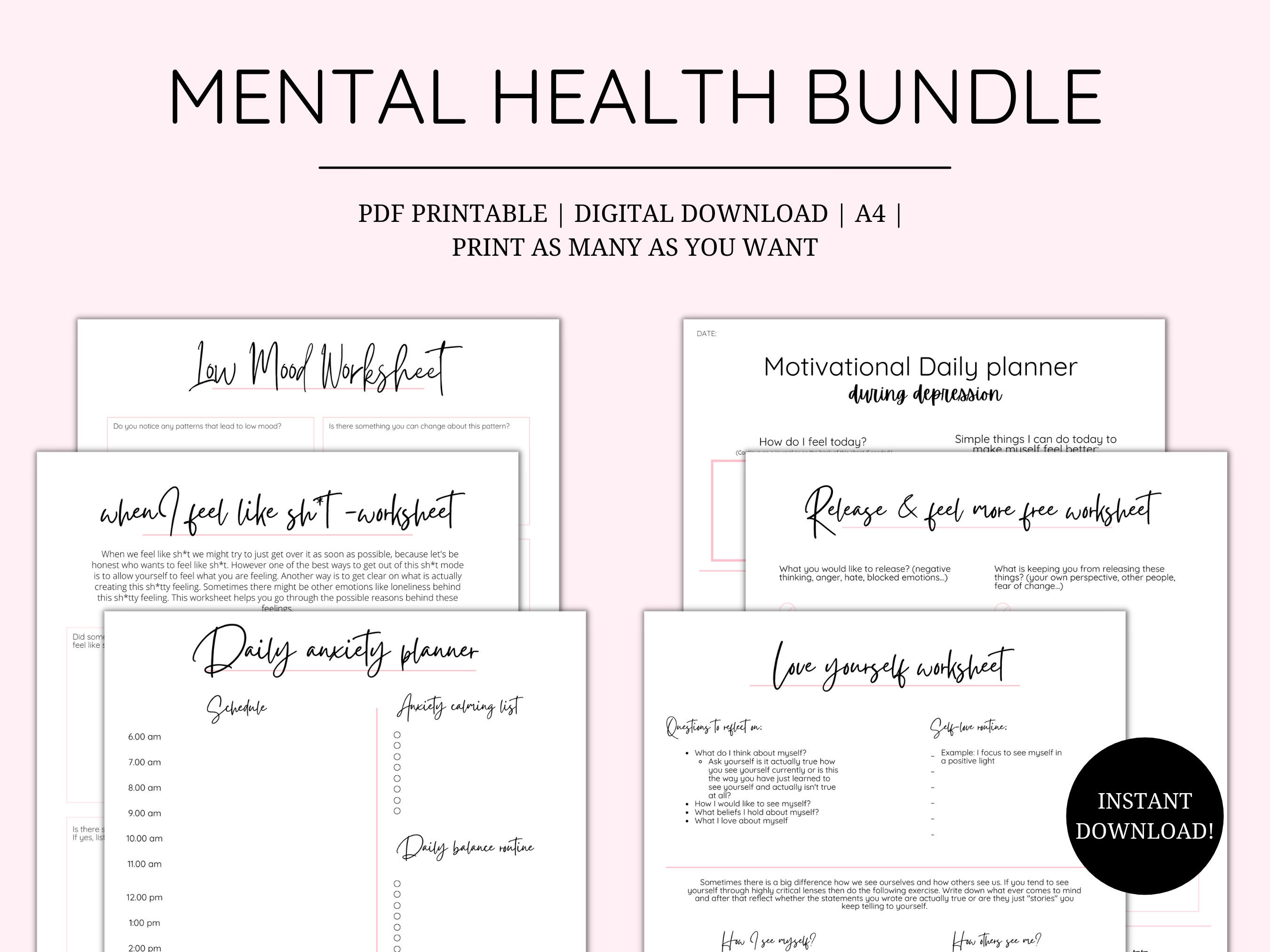 Mental Health Printable Bundle Anxiety Planner Low Mood Love Yourself ...