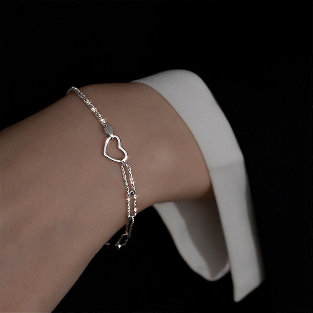 Heart Bracelet, 925 Sterling Silver Chain Heart Bracelet, Dainty Adjustable Bracelet Gift for ...