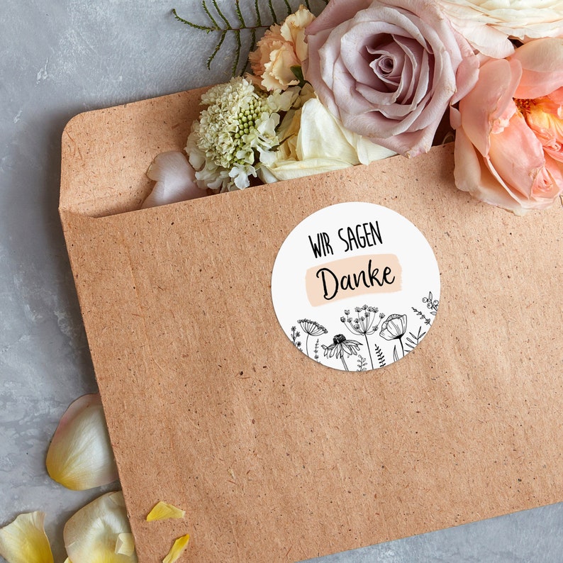 50 Sticker Danke FLOWERS, Vielen Dank Aufkleber Dankeschön Etiketten ...