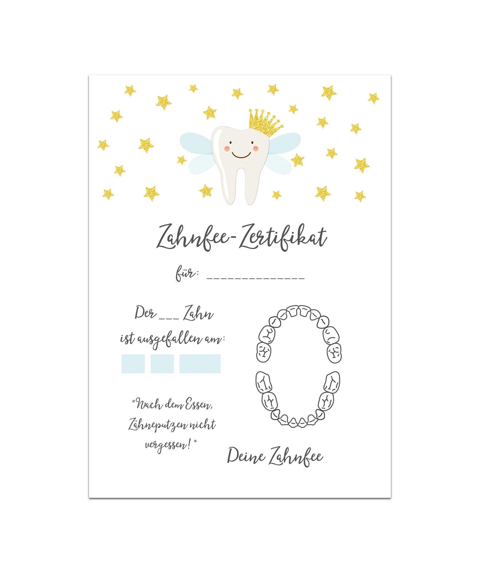 Zahnfee Zertifikat 20 Stück, Zahnfee Geschenk, Zahnfee Brief, Urkunde ...