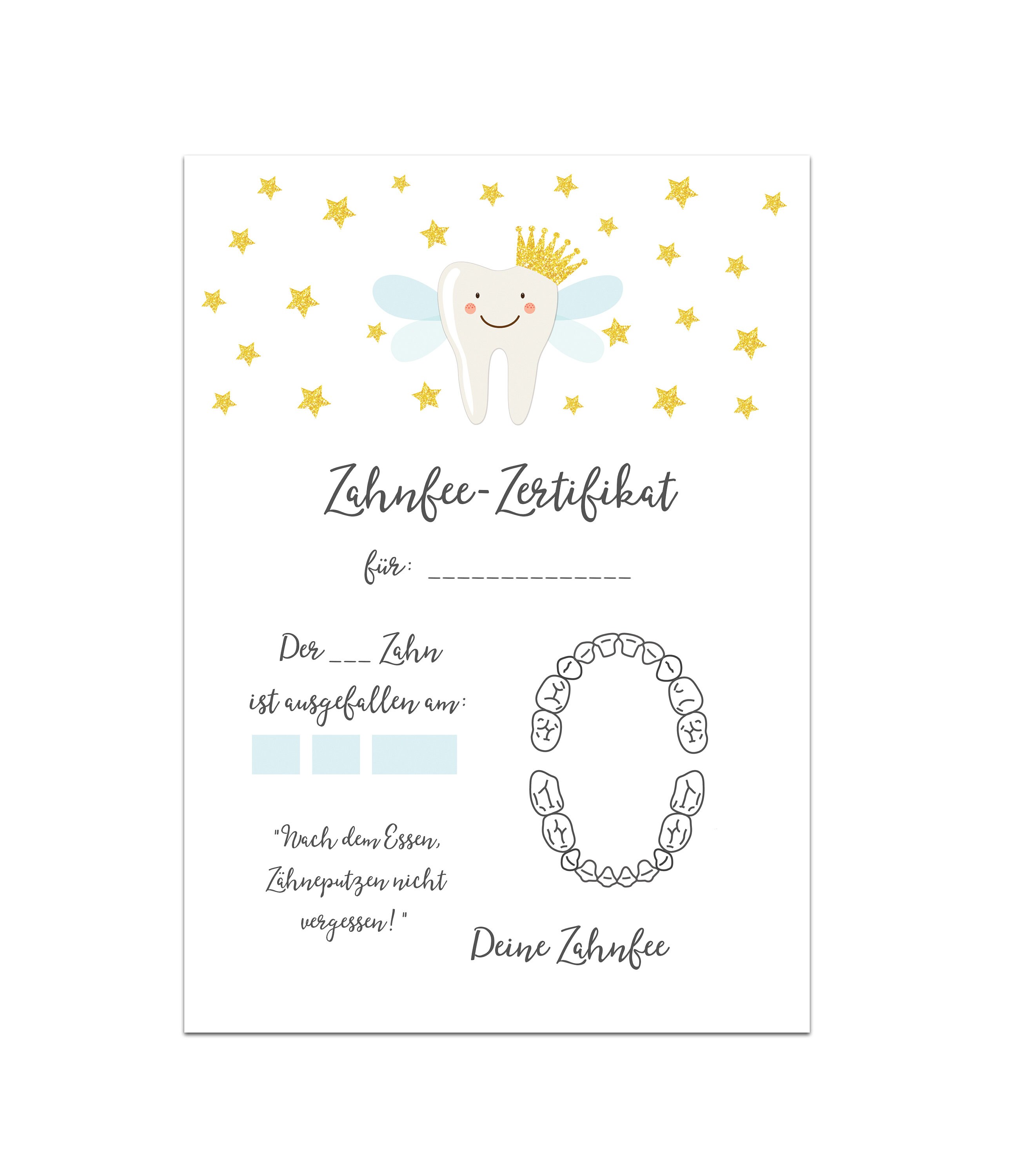 Zahnfee Zertifikat 20 Stück, Zahnfee Geschenk, Zahnfee Brief, Urkunde ...