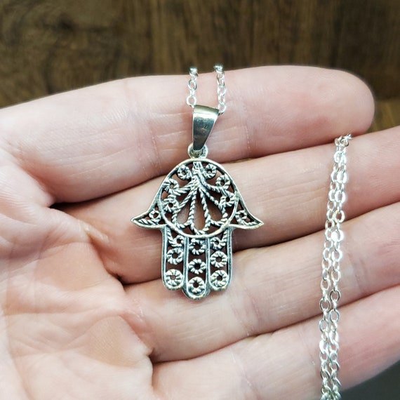 18 Inch Sterling Silver Large Hamsa Hand Pendant Neck… - Gem