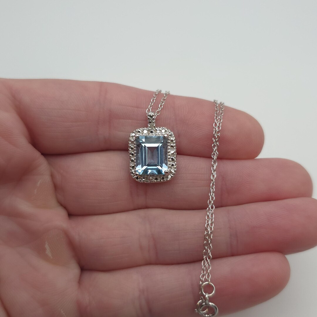 18 Inch Sterling Silver Emerald Cut Topaz and Diamond Chip Necklace ...