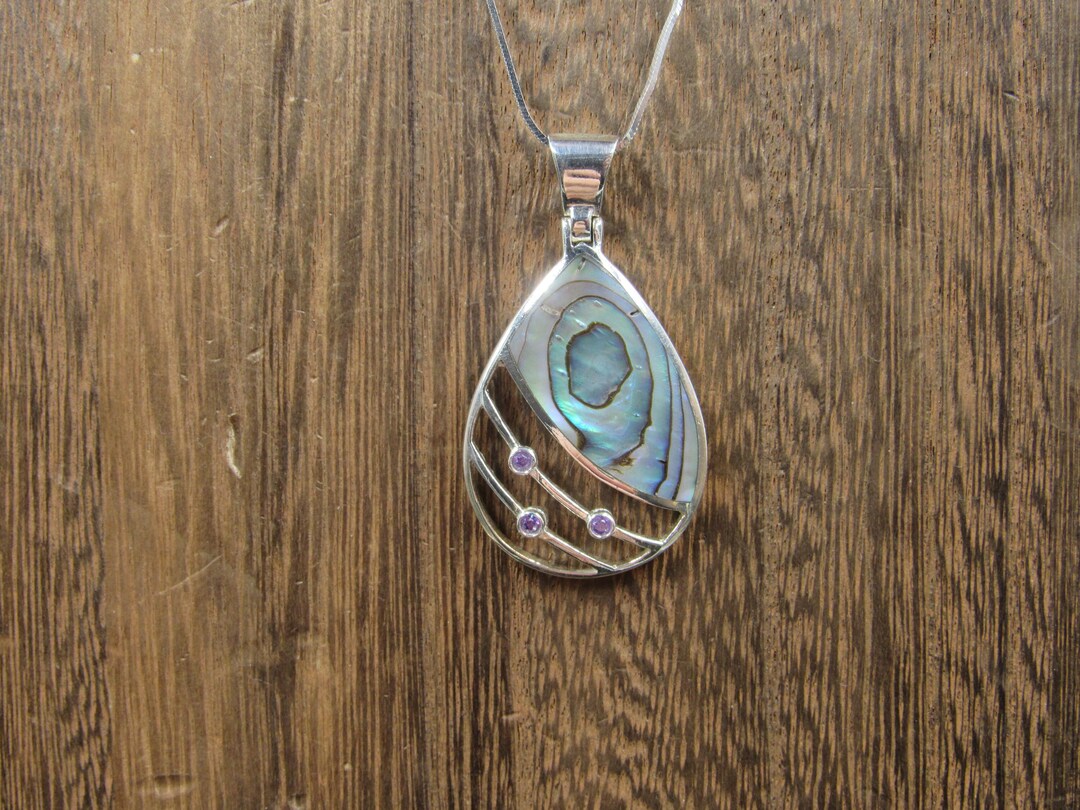 18 Sterling Silver Abalone and Amethyst Pendant Necklace Vintage ...