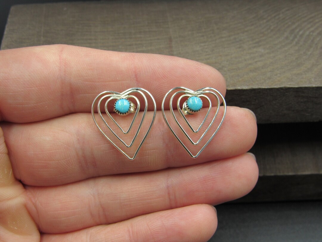 Sterling Silver Blue Turquoise Stone Heart Love Stud Earrings - Etsy