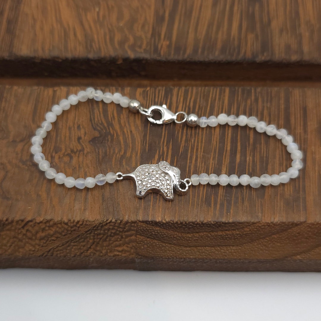 7 Inch Sterling Silver Moonstones and Diamond Chip Elephant Bracelet - Etsy