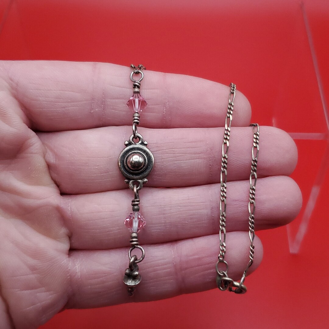 18 Inch 925 Sterling Silver Tarnished Figaro Chain Pink Crystal ...