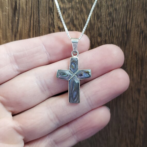 18" Sterling Silver Tarnished Shell Cross Pendant Nec… - Gem