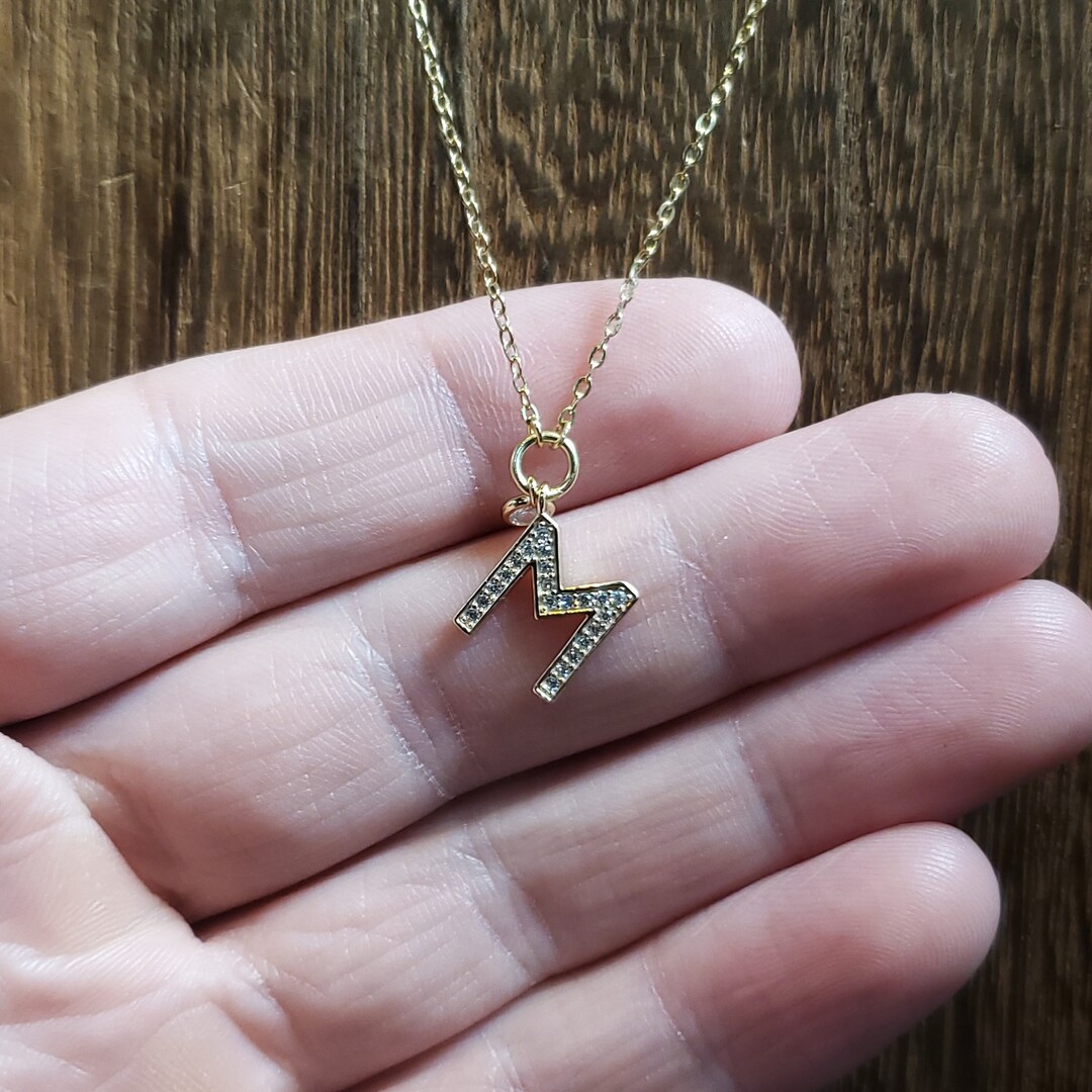 18 Inch Gold Over Sterling Silver Cute Letter M Cubic Zirconia Necklace ...