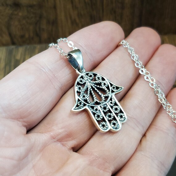 18 Inch Sterling Silver Large Hamsa Hand Pendant Neck… - Gem