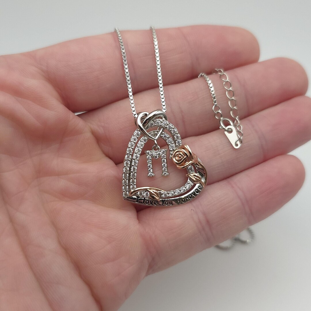 20 Inch Sterling Silver Letter M Cubic Zirconia Heart Love Necklace ...