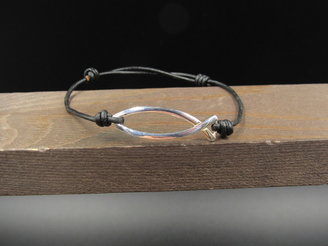 8 Inch Sterling Silver & Leather Fish Bracelet - Etsy
