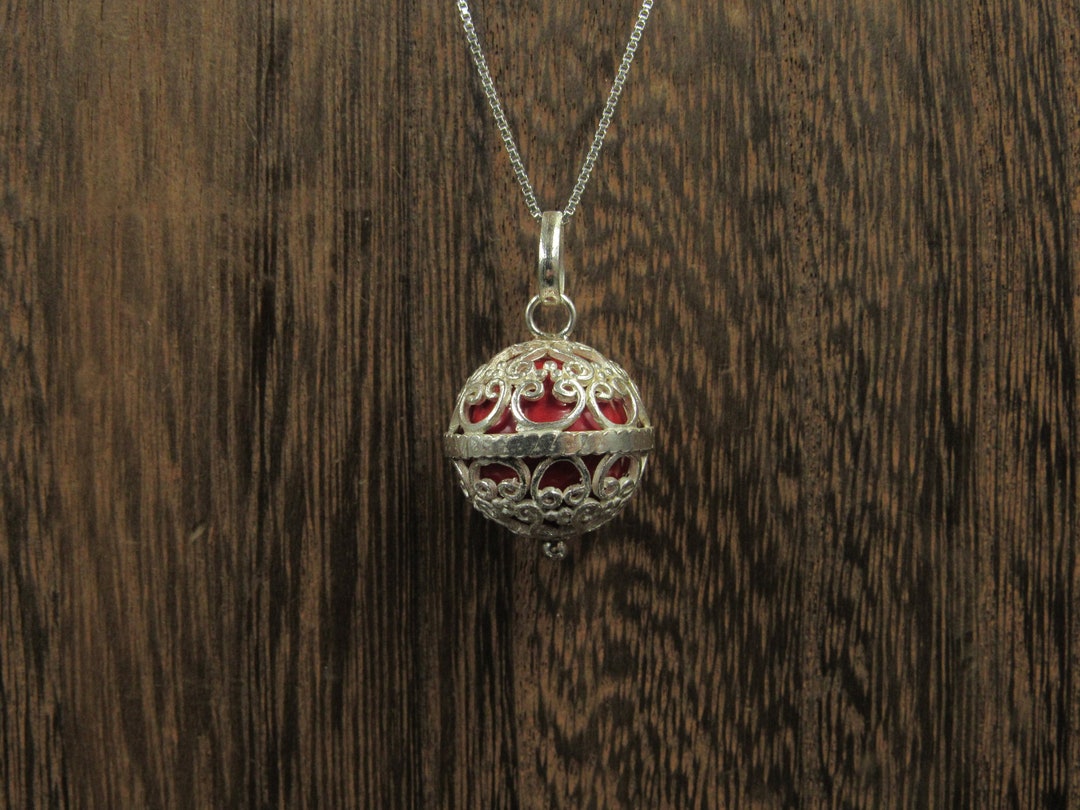 16" Sterling Silver Ornate Red Ball Necklace Vintage Minimalist ...