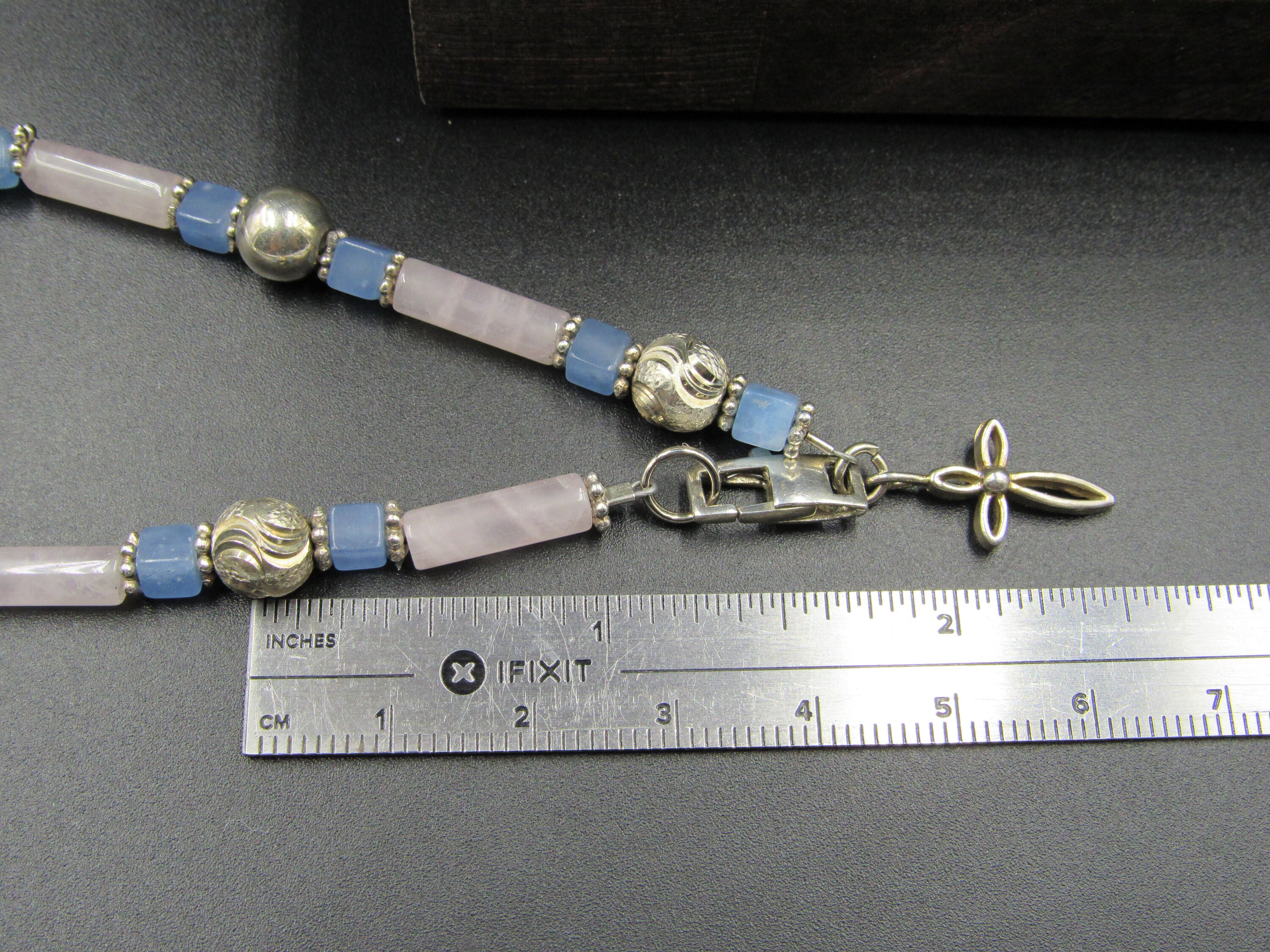7" Sterling Silver Rose Quartz Stone & Cross Charm Bracelet Vintage ...