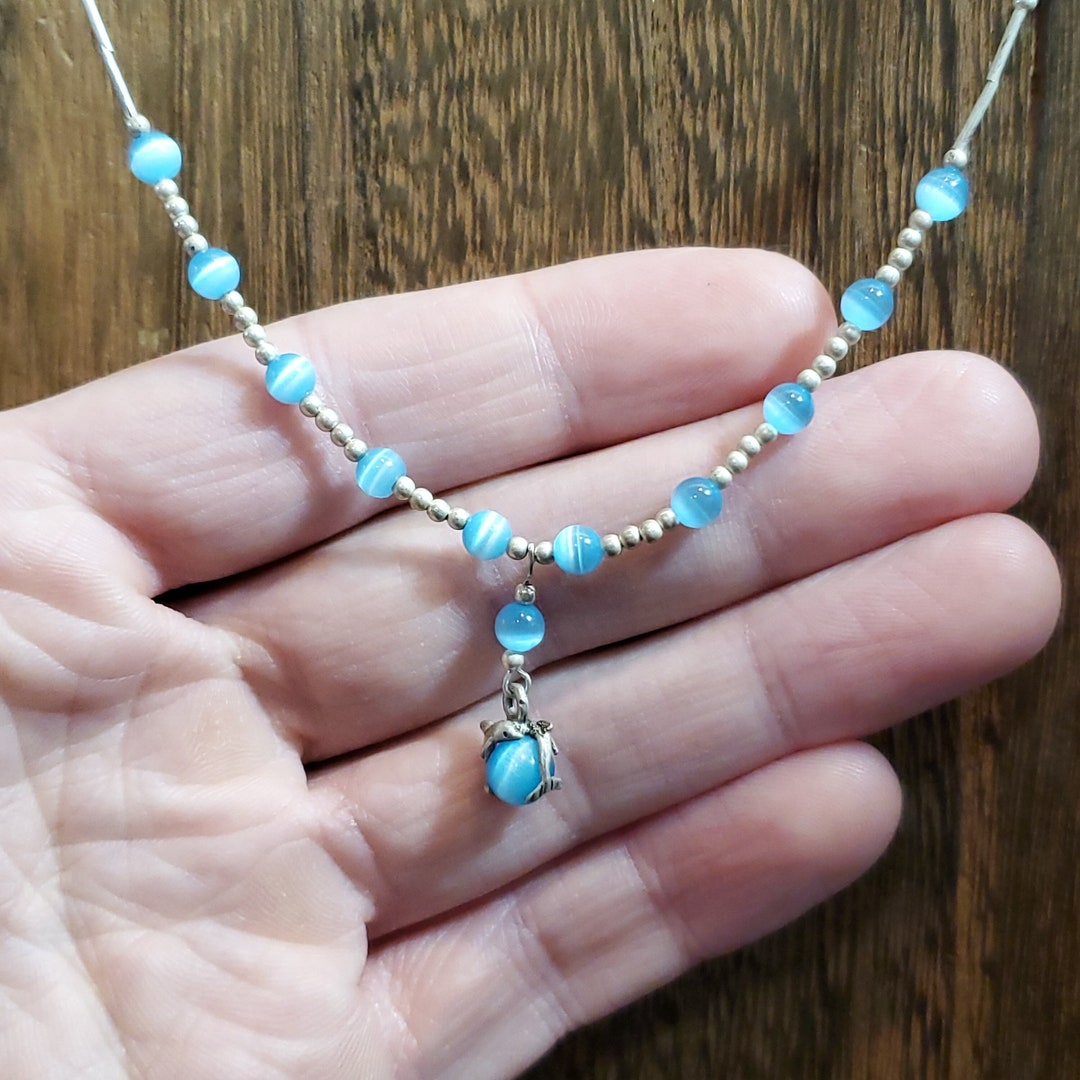 16 Inch 925 Sterling Silver Tarnished Blue Cat's Eye Dolphin Necklace ...