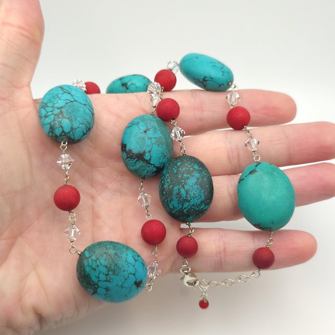 21 Inch Sterling Silver Blue Stone Red Shell Necklace B176 - Etsy