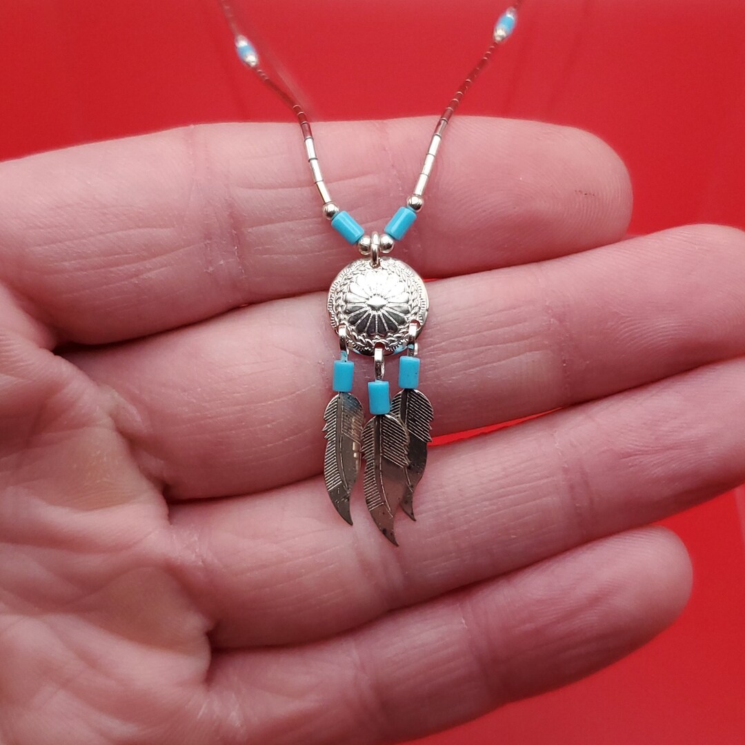 16 Inch 925 Sterling Silver Native Blue Stone and Feather Liquid Silver ...