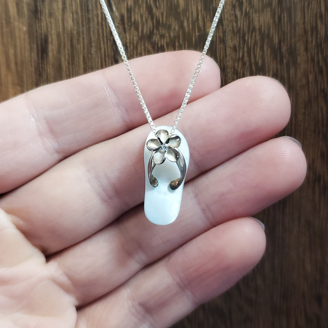 16 Inch Sterling Silver Rustic Blue Shell Beach Sandal Pendant Necklace ...