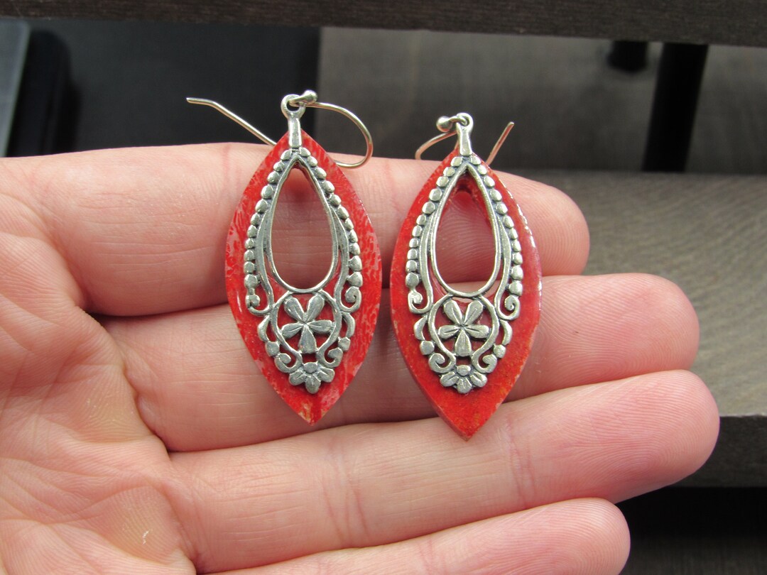 Sterling Silver Fancy Design Large Red Earrings Vintage Wedding ...