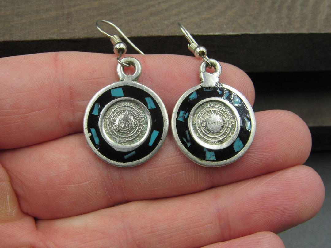 Sterling Silver Mayan Design Turquoise Chip Earrings Vintage Wedding ...