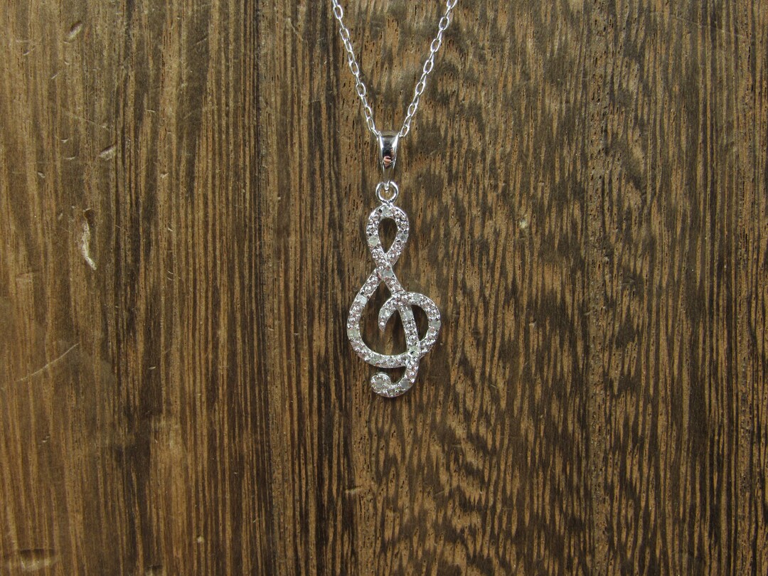 20" Sterling Silver Music Note Diamond Chips Pendant Necklace Vintage ...