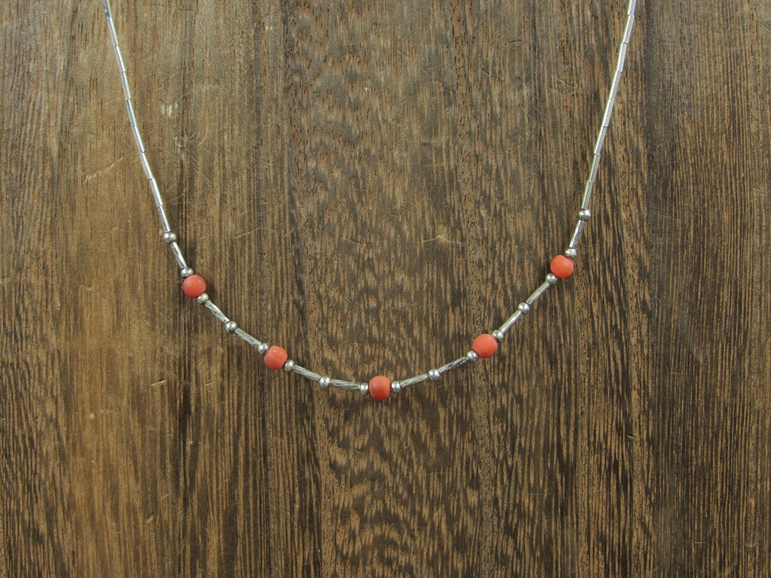 18" Sterling Silver Small Red Shell Orbs Necklace Vintage Minimalist ...