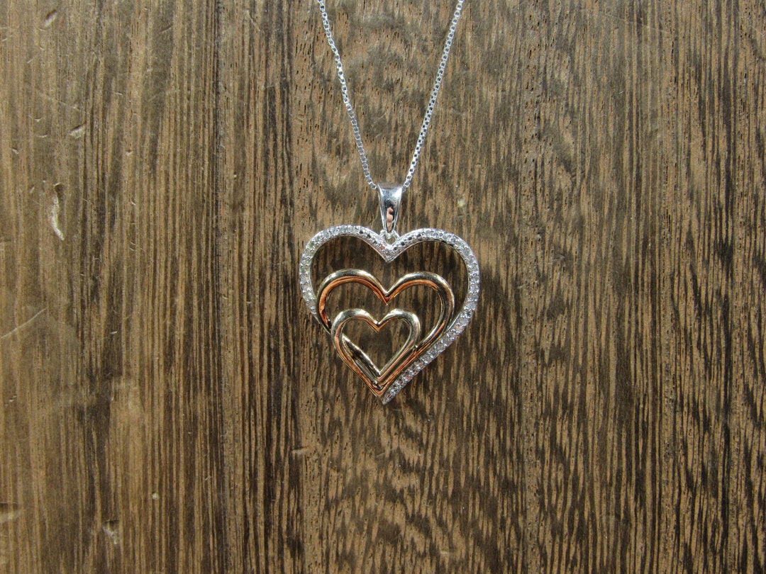20 Sterling Silver Triple Heart Diamond Chip Pendant Necklace Vintage ...
