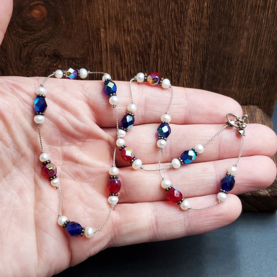 16 Inch Sterling Silver Blue Red Crystals And White P… - Gem