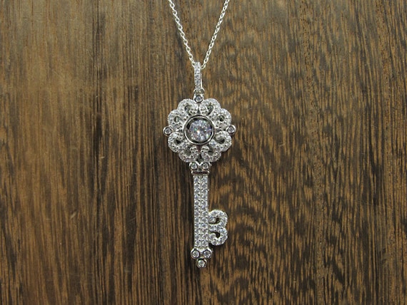 16" Sterling Silver Cubic Zirconia Gem Key Necklace V… - Gem