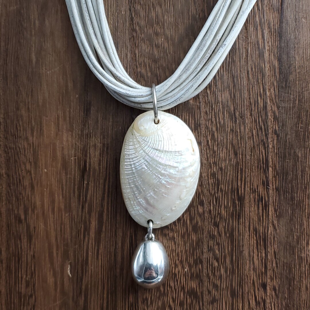 20 Inch Sterling Silver & White Leather Large Shell Pendant Necklace - Etsy