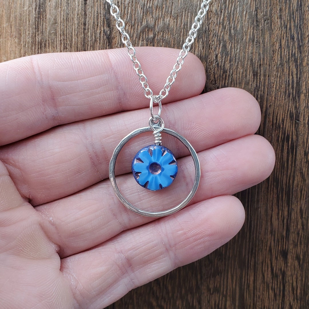 18 Inch Sterling Silver Circle With A Blue Glass Flower Necklace - Etsy