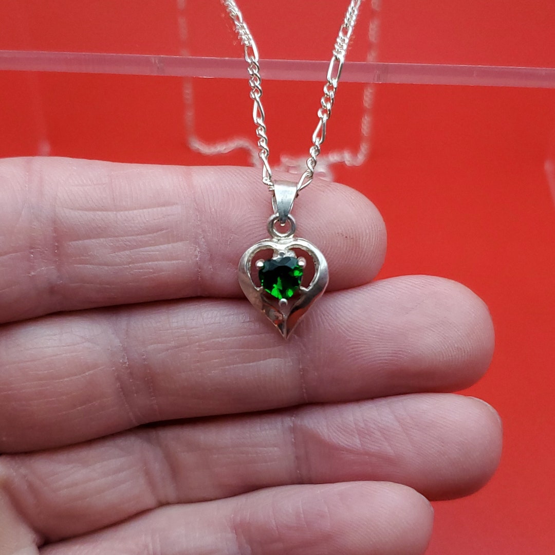 18 Inch 925 Sterling Silver Green Glass Gem Heart Tarnished Necklace - Etsy