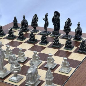Indian Chess Set, Pewter Chess Pieces With Ancient Indian Sculpture ...