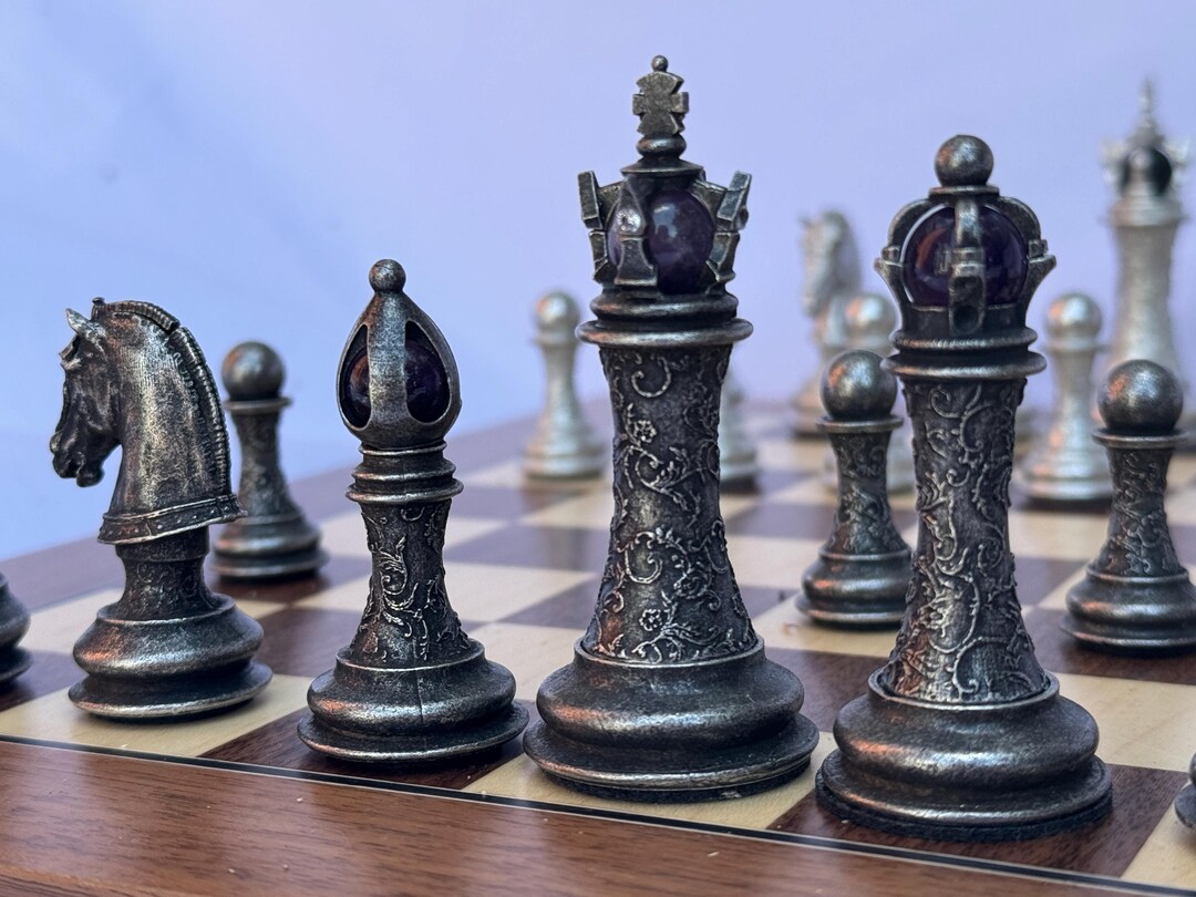 Staunton Chess Set: Hand Cast Pewter With Obsidian Gems - Etsy