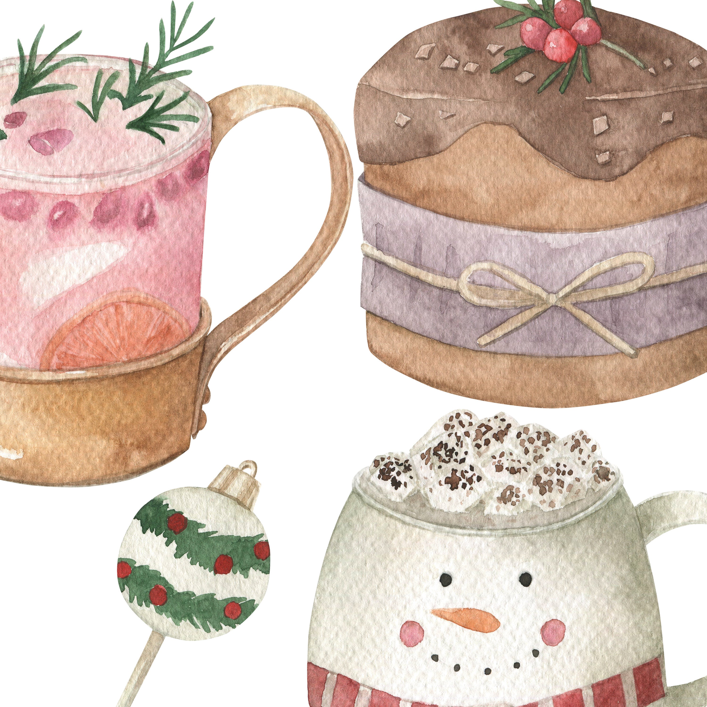 Watercolor Christmas Clipart Cake, Cupcake, Dessert, Drink, Baking ...