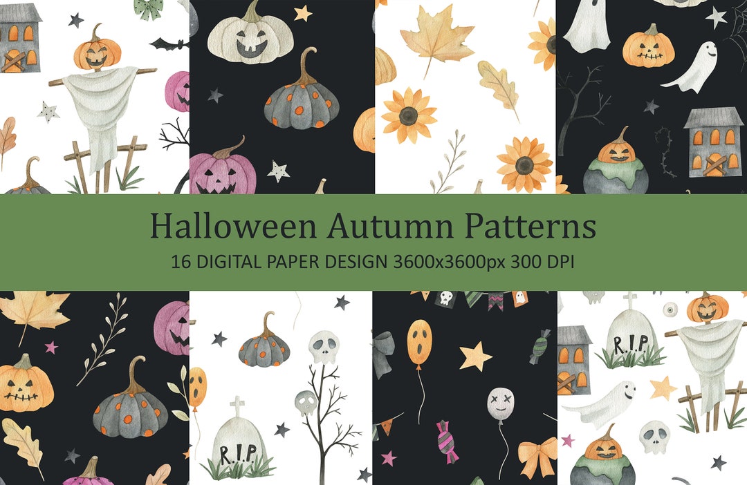 Happy Halloween Autumn Digital Paper. Watercolor Pumpkins, Leaves ...