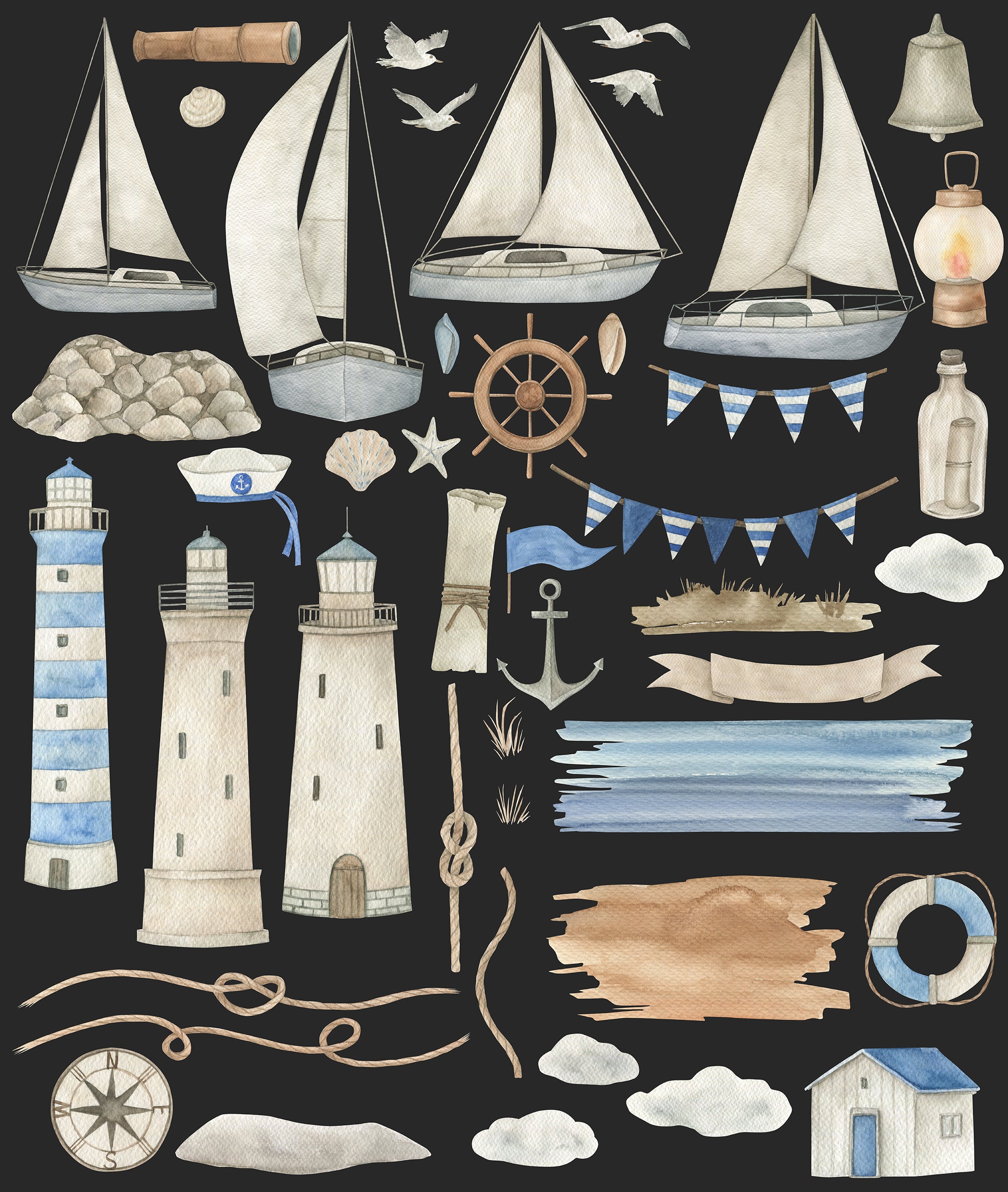 Watercolor Nautical Clipart Collection. Lighthouse, Ship, Seagulls ...